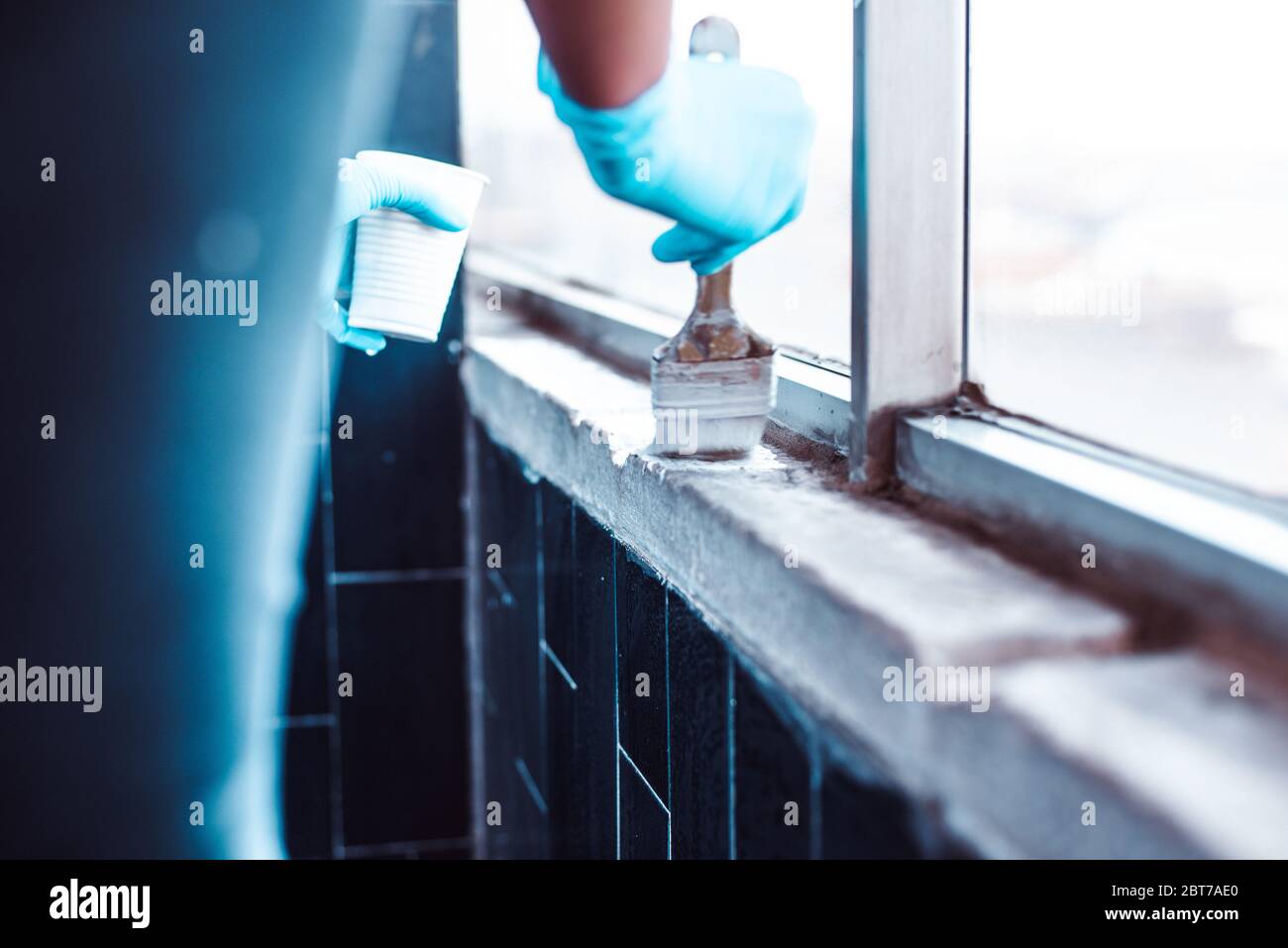 Hands in gloves painting a white wall Stock Photo - Alamy