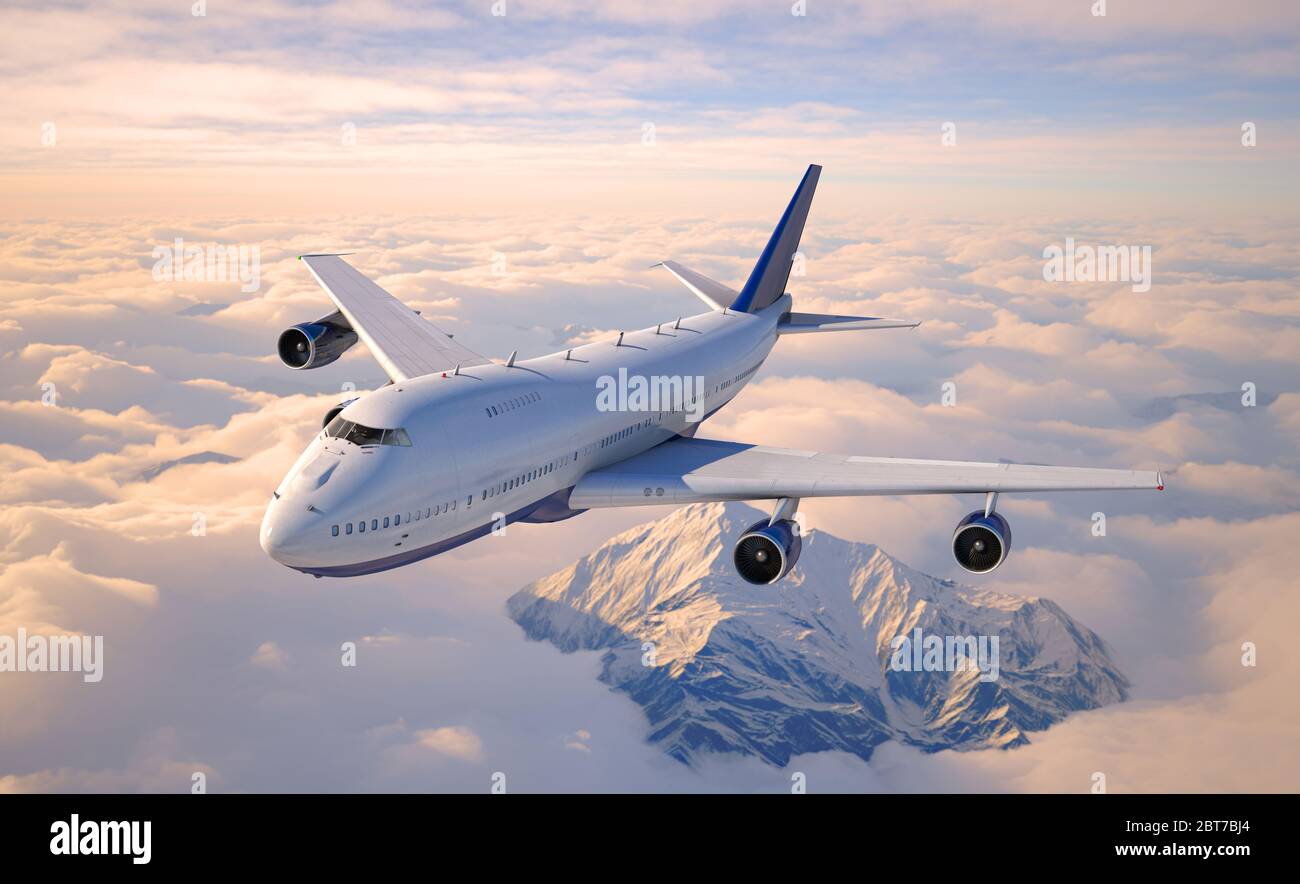 Passenger aircraft flying above the clouds. 3d illustration Stock Photo ...