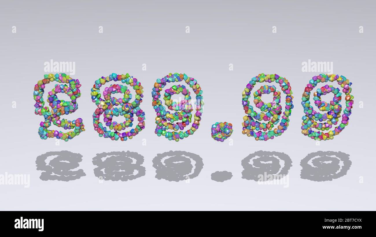 Colorful 3D writting of £89. text with small objects over a white ...