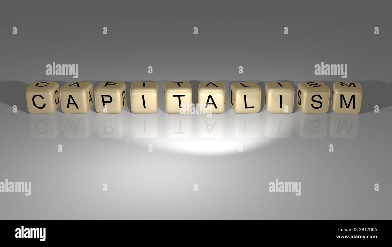 Capitalism built by golden cubic letters from the top perspective ...