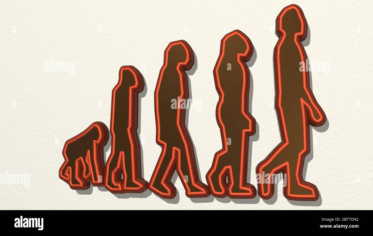 EVOLUTION OF HUMAN on the wall. 3D illustration of metallic sculpture ...