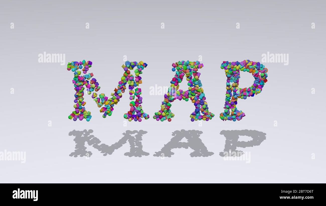 Colorful 3D writting of MAP text with small objects over a white ...