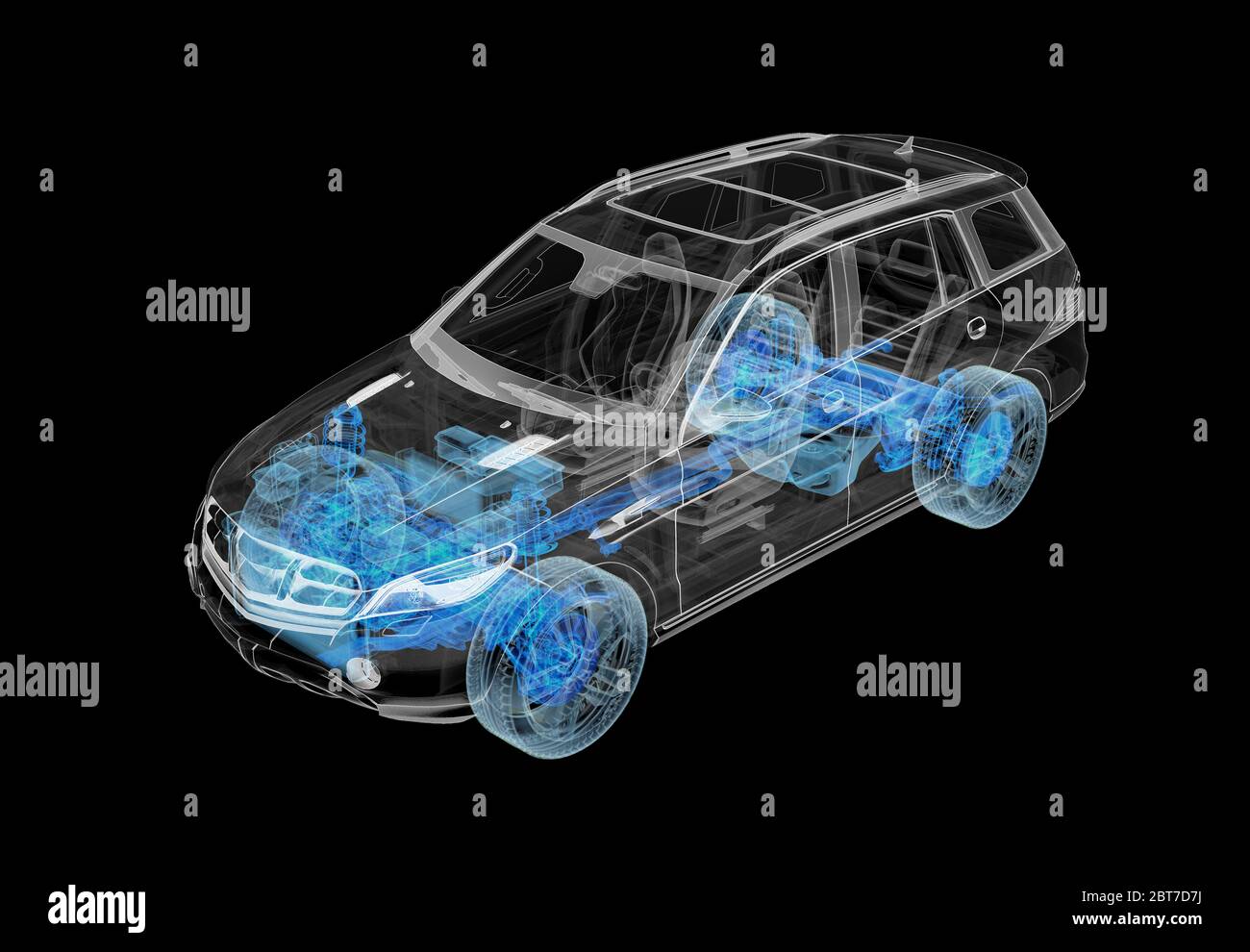 Technical 3d illustration of SUV car with x-ray effect and powertrain ...