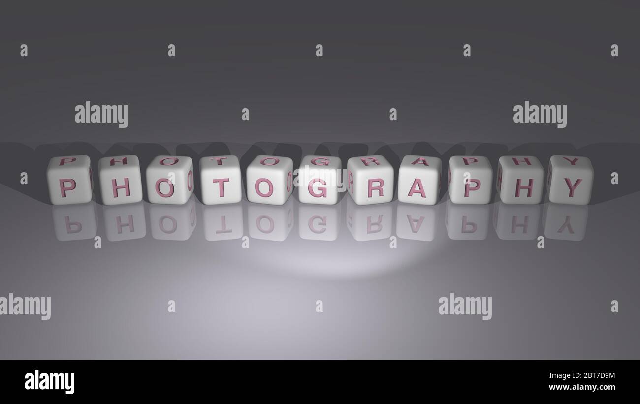 alphabetic Photography arranged by cubic letters on a mirror floor ...