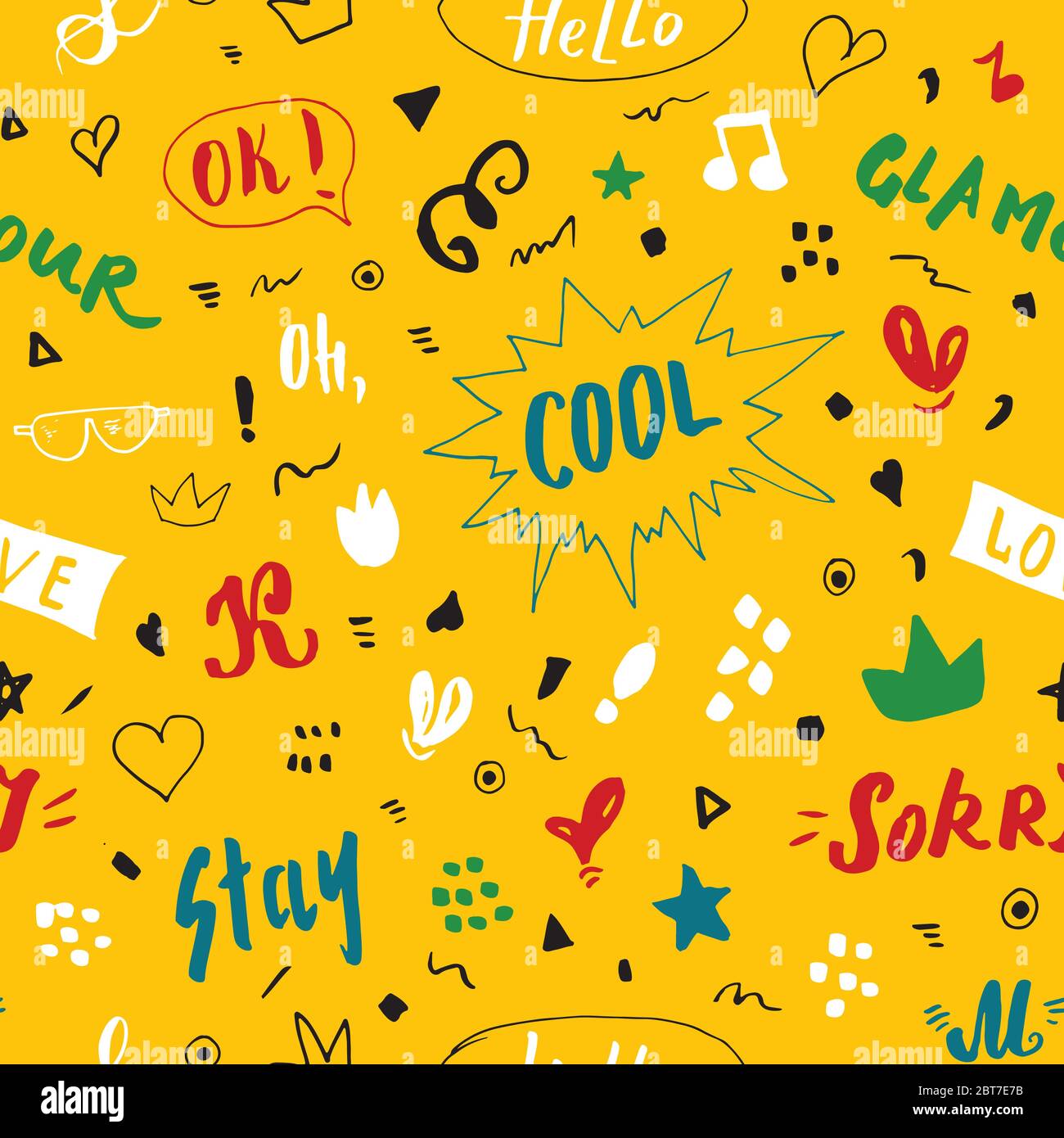 Doodle Seamless Pattern, hand drawn pop art signs and symbols ...