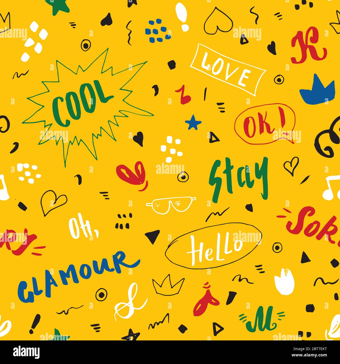 Doodle Seamless Pattern, hand drawn pop art signs and symbols ...