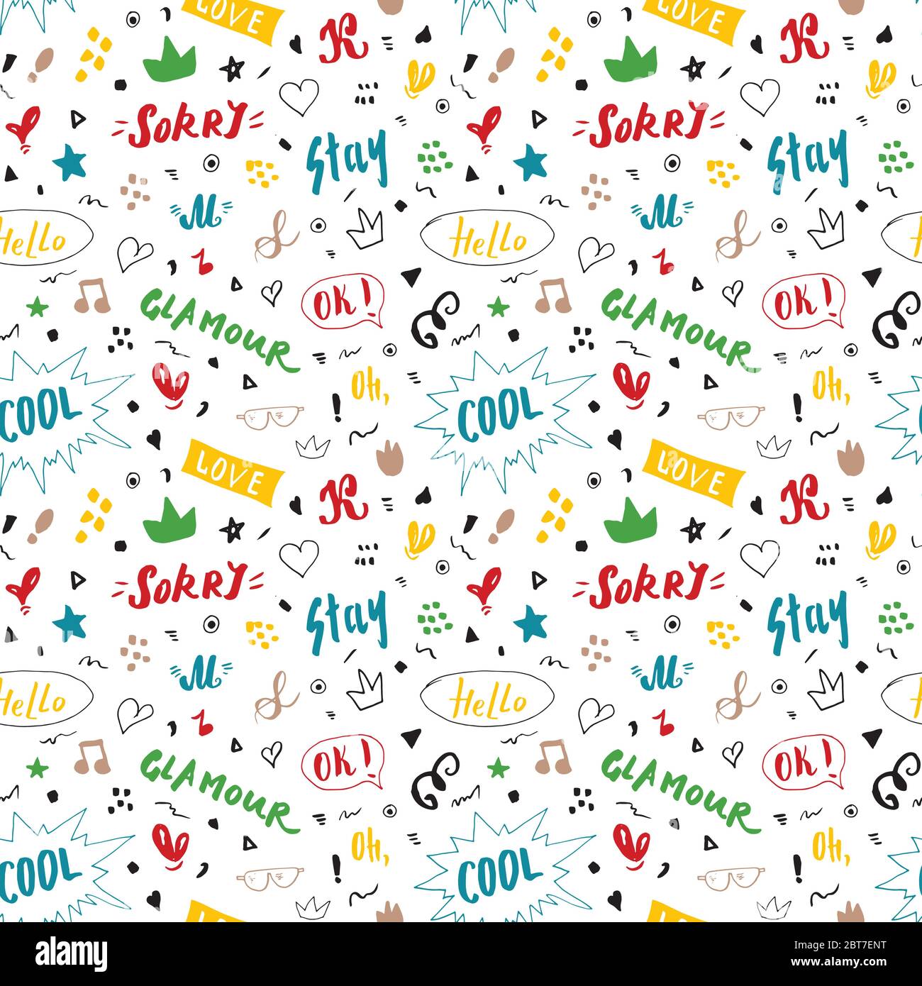 Doodle Seamless Pattern, hand drawn pop art signs and symbols ...