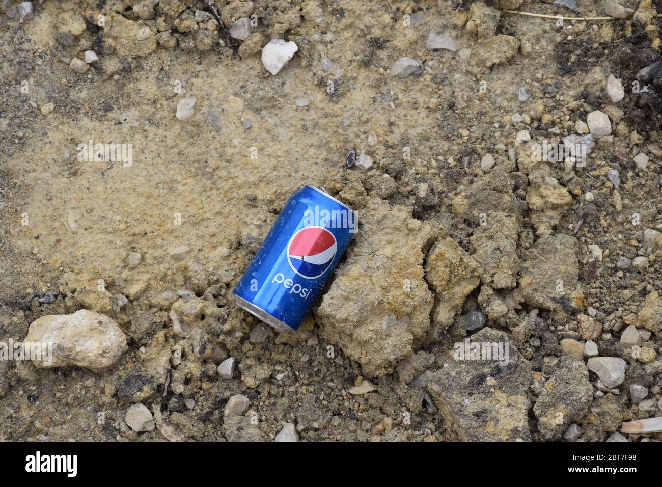 San Antonio, Texas / USA - May 23, 2020: A blue Pepsi pop can lays ...