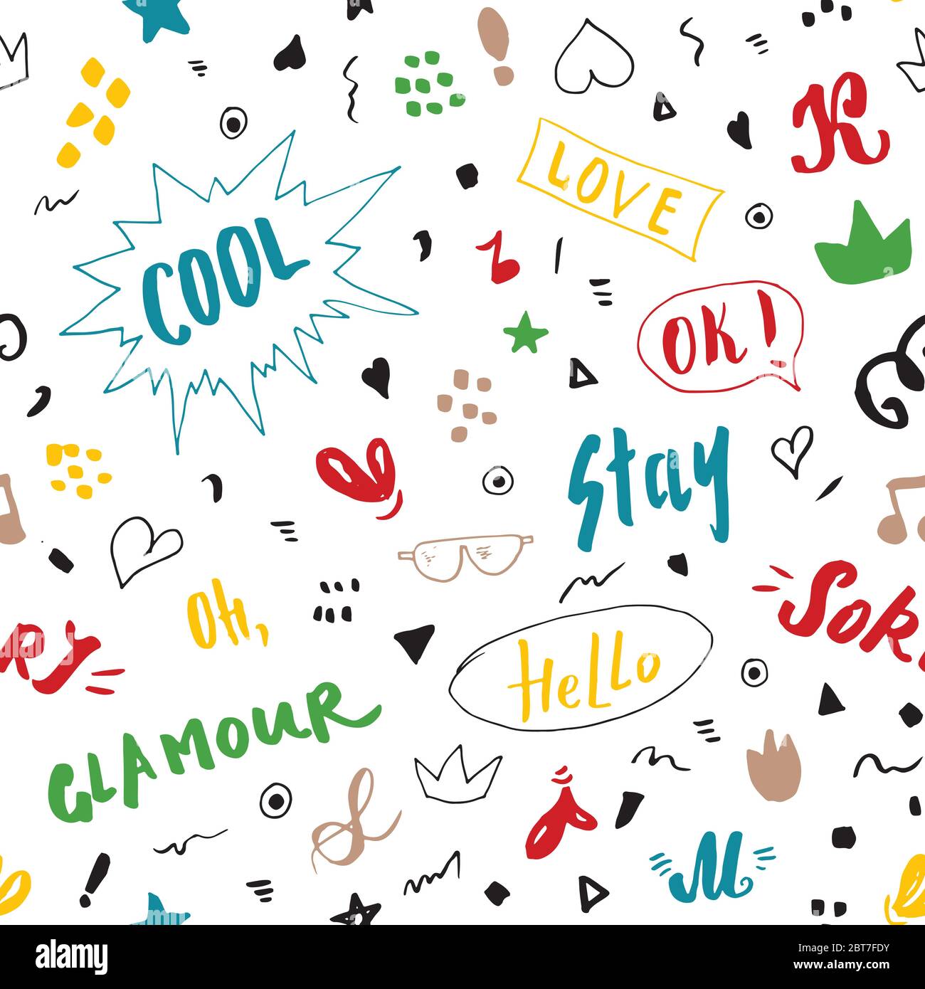 Doodle Seamless Pattern, hand drawn pop art signs and symbols ...