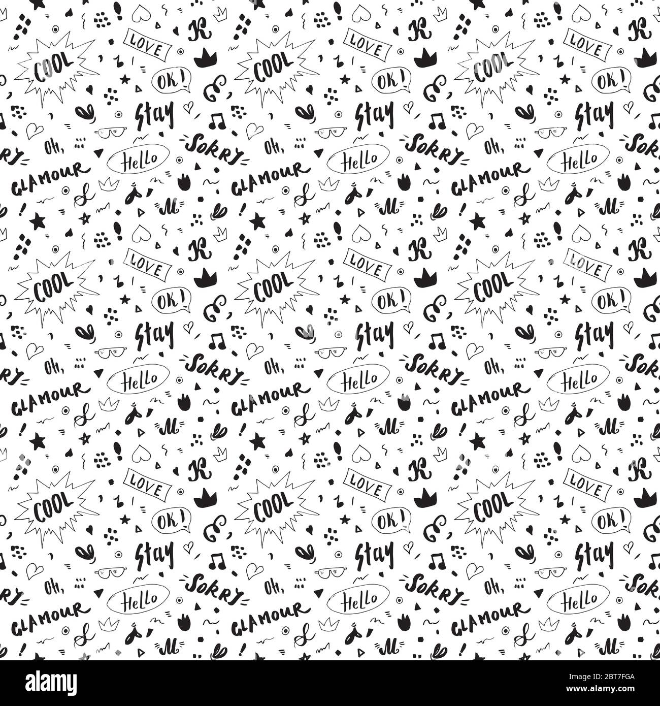 Doodle Seamless Pattern, hand drawn pop art signs and symbols ...