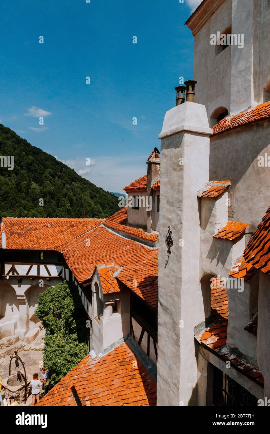 Roofs and castle of a medieval fortified village, Europa Stock Photo ...