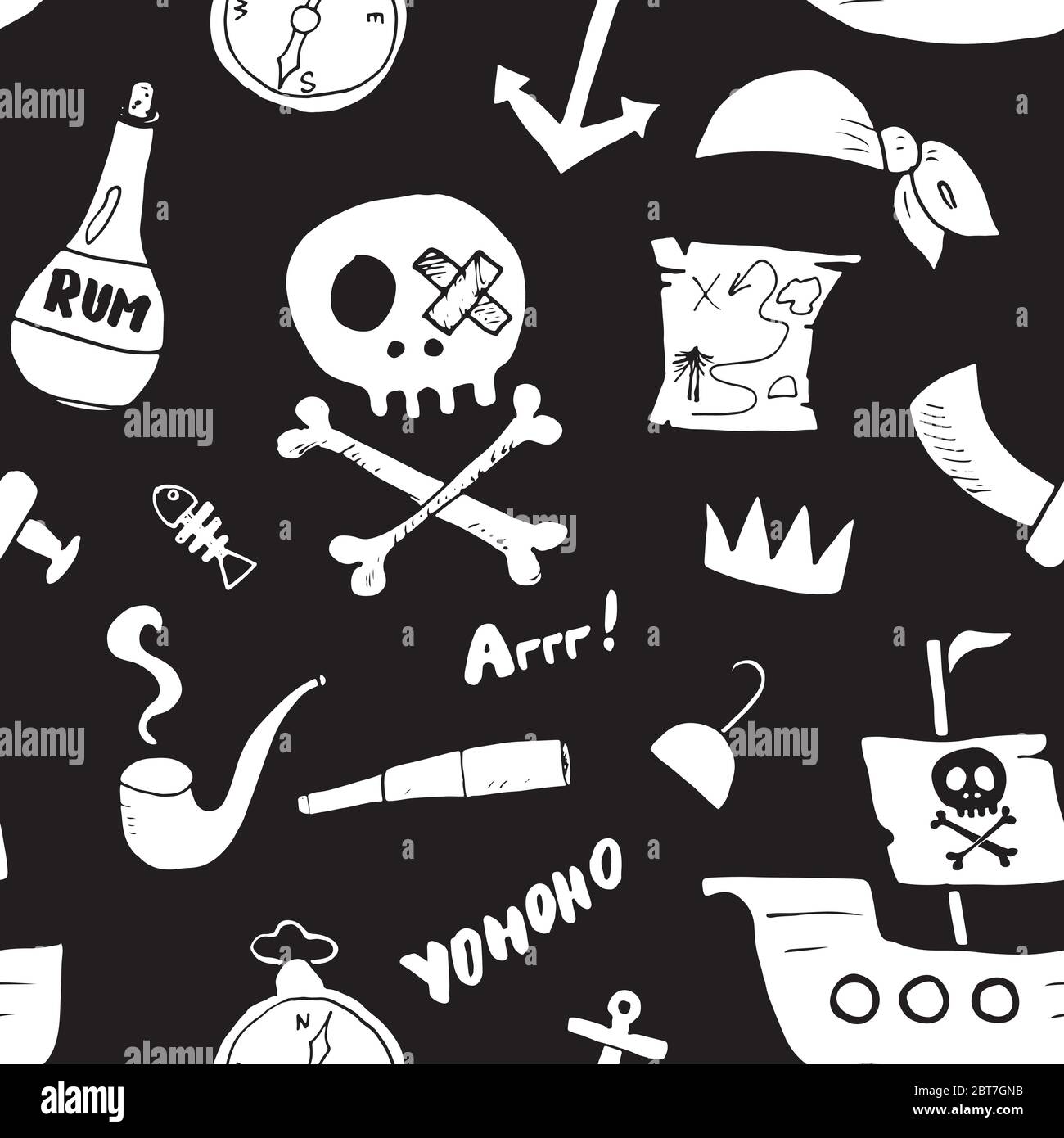 Pirate Doodles Seamless pattern. Cute pirate items sketch. Hand drawn ...