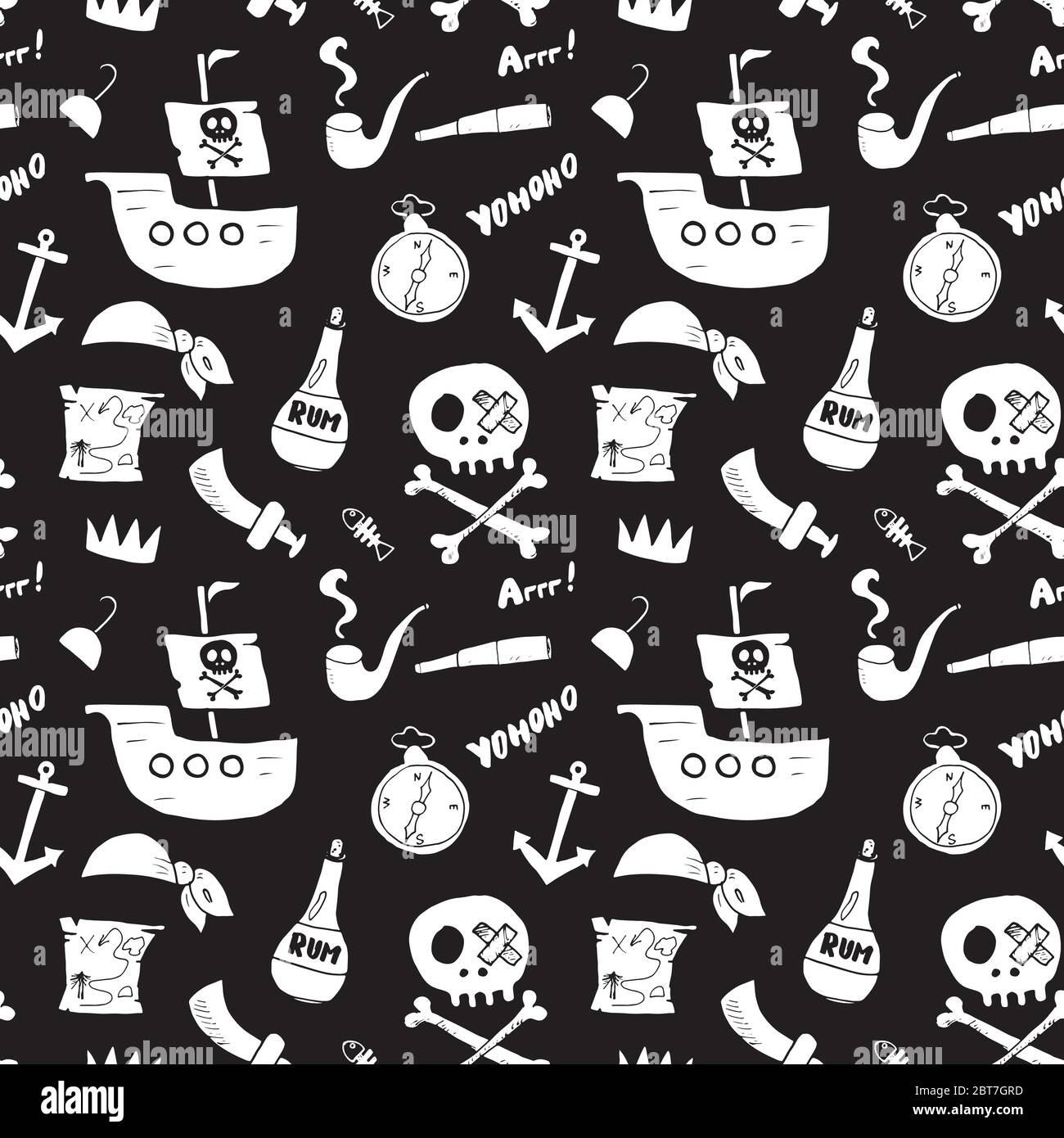 Pirate Doodles Seamless pattern. Cute pirate items sketch. Hand drawn ...