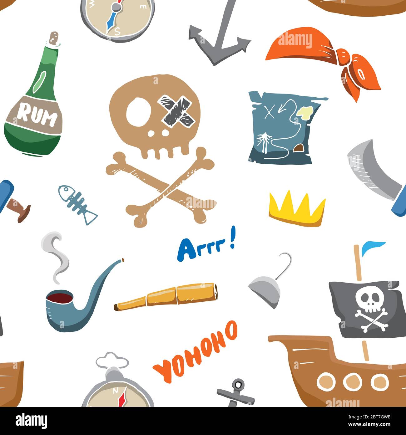 Pirate Doodles Seamless pattern. Cute pirate items sketch. Hand drawn ...