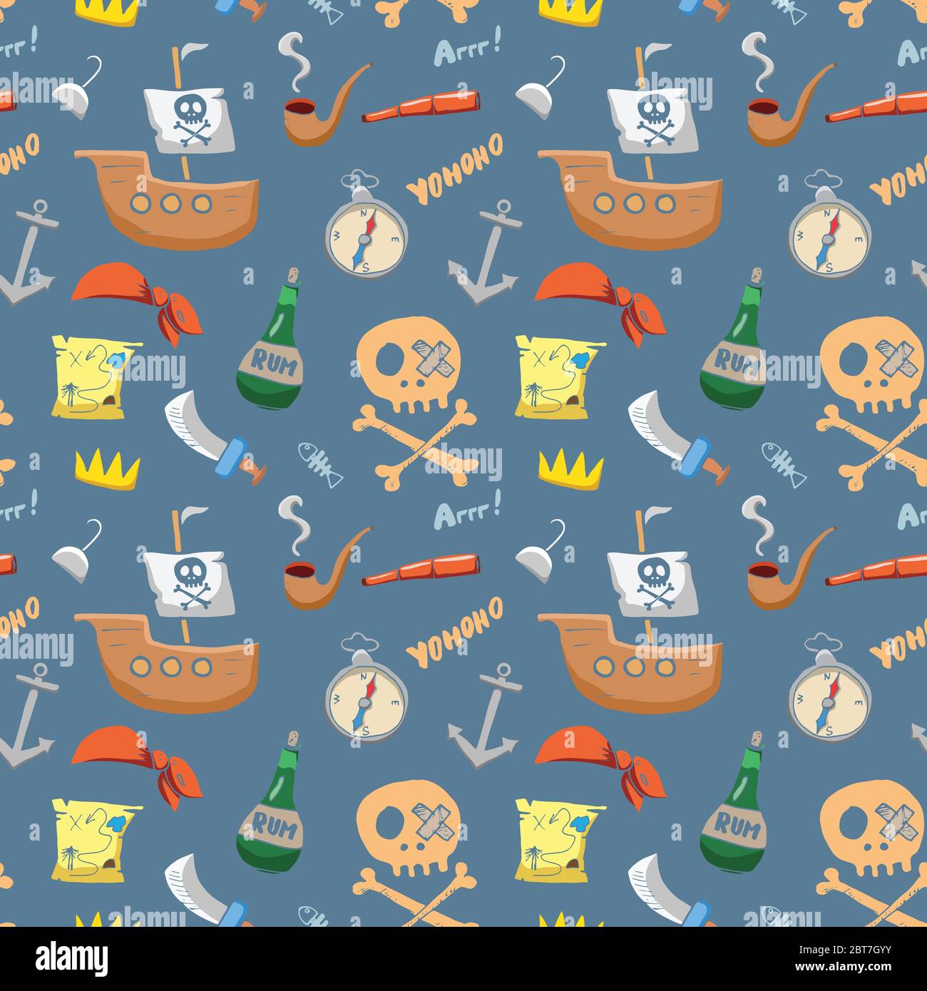 Pirate Doodles Seamless pattern. Cute pirate items sketch. Hand drawn ...