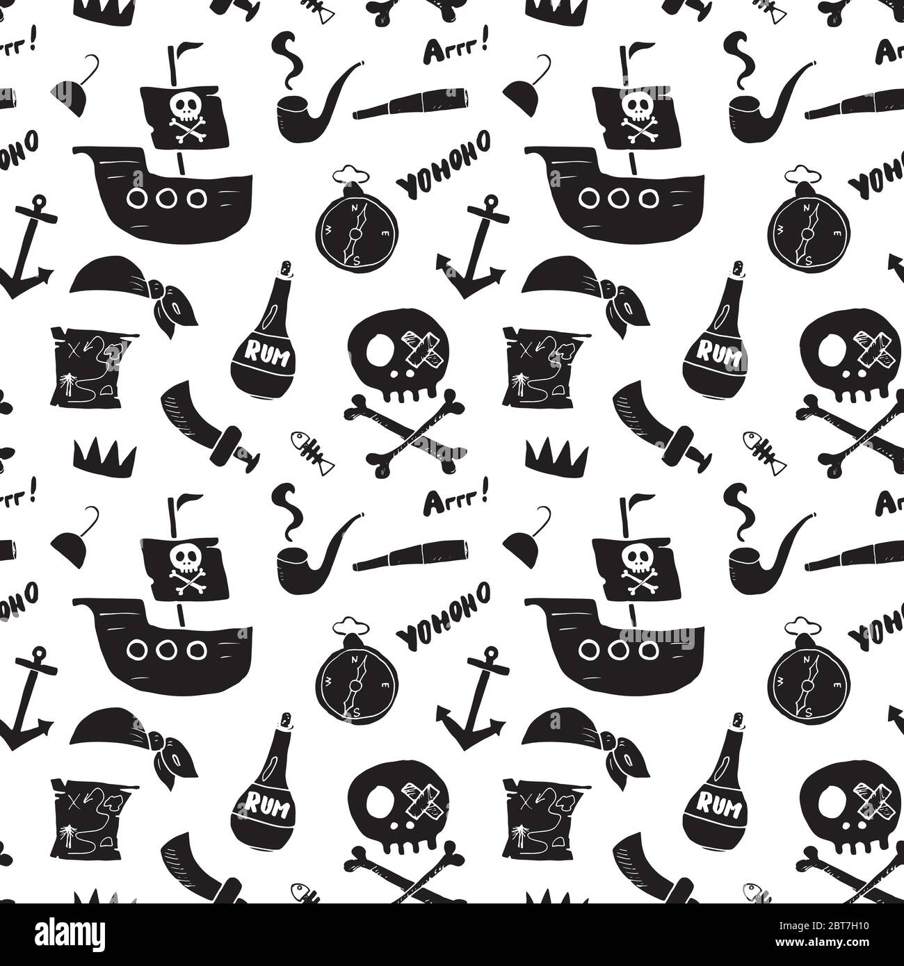 Pirate Doodles Seamless pattern. Cute pirate items sketch. Hand drawn ...