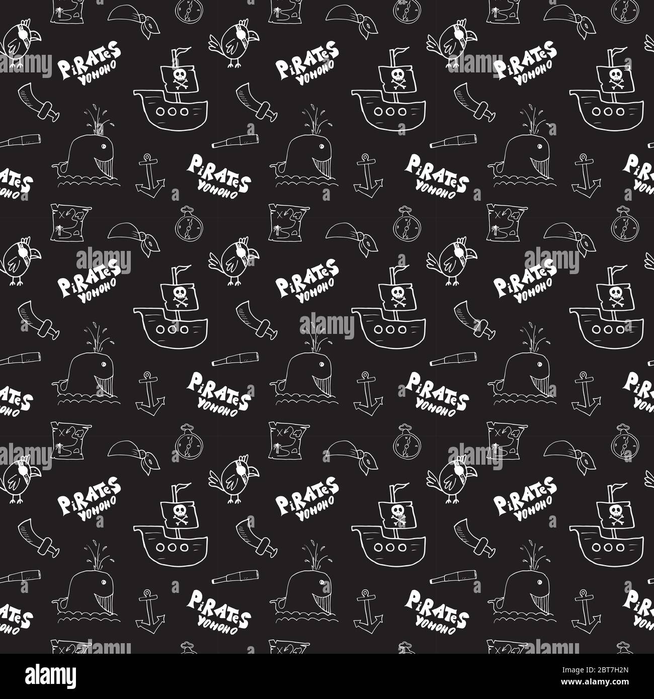 Pirate Doodles Seamless pattern. Cute pirate items sketch. Hand drawn ...