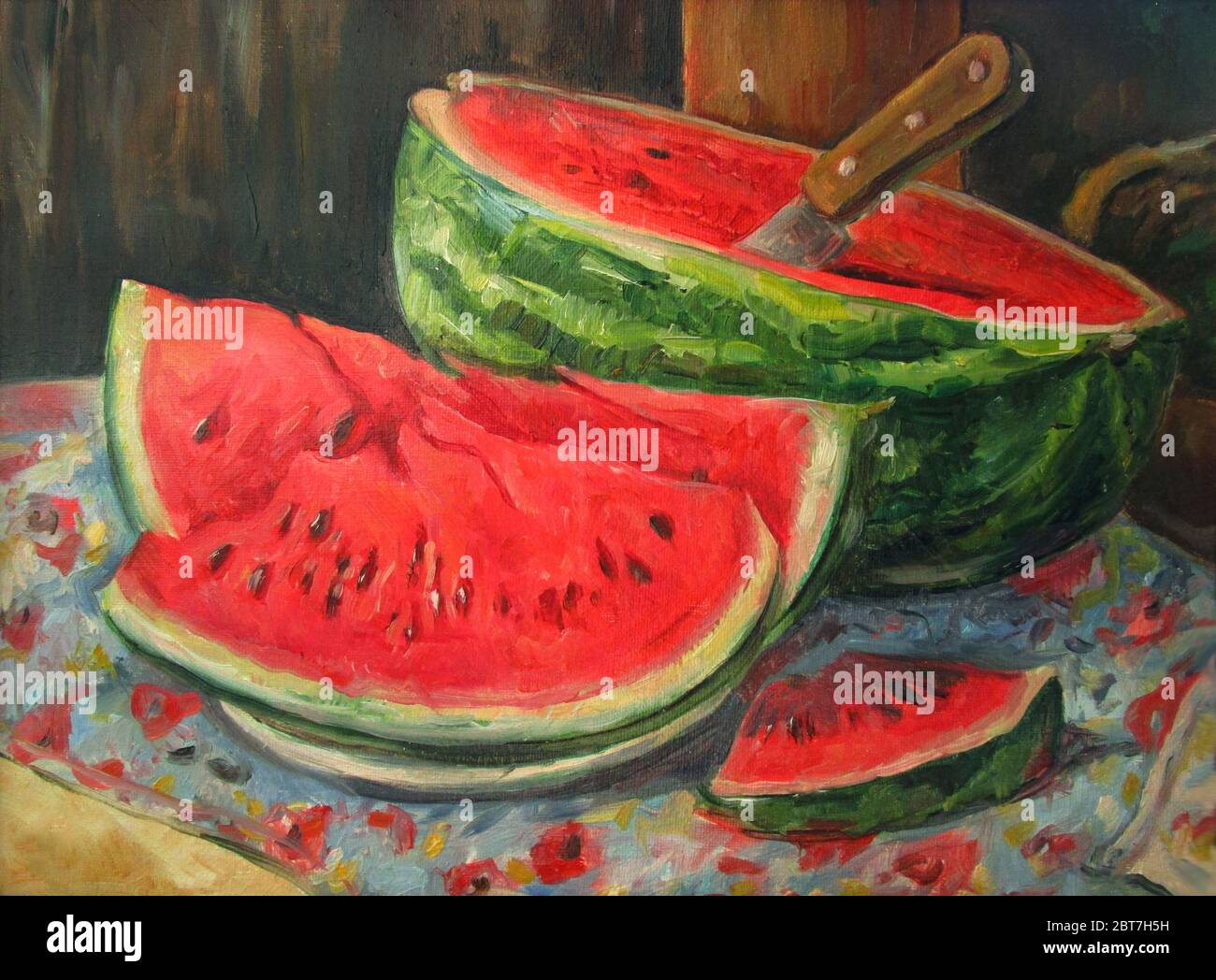 Still life with a ripe watermelon, oil painting Stock Photo - Alamy