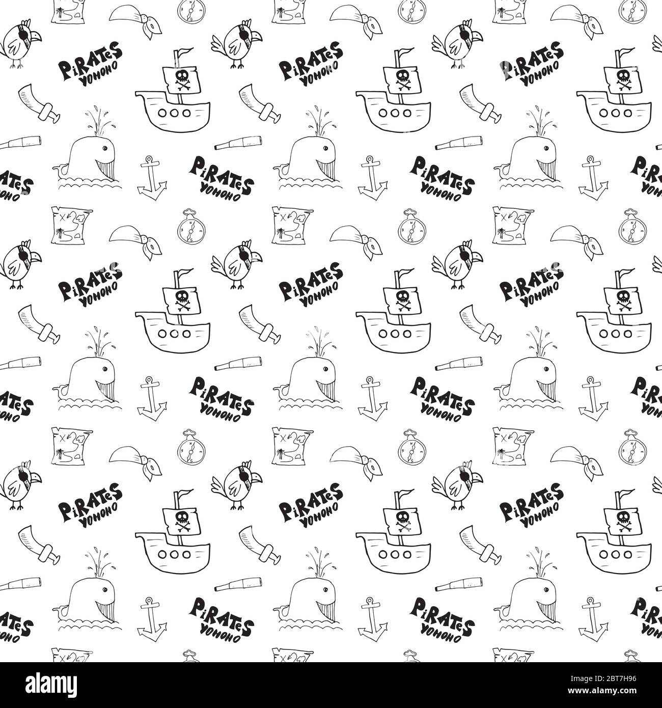 Pirate Doodles Seamless pattern. Cute pirate items sketch. Hand drawn ...
