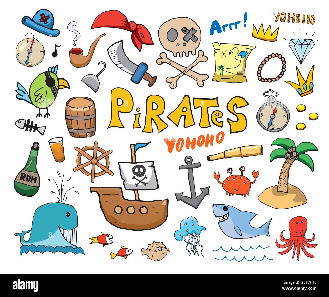 Pirate Doodles Set. Cute pirate items sketch collection. Hand drawn ...