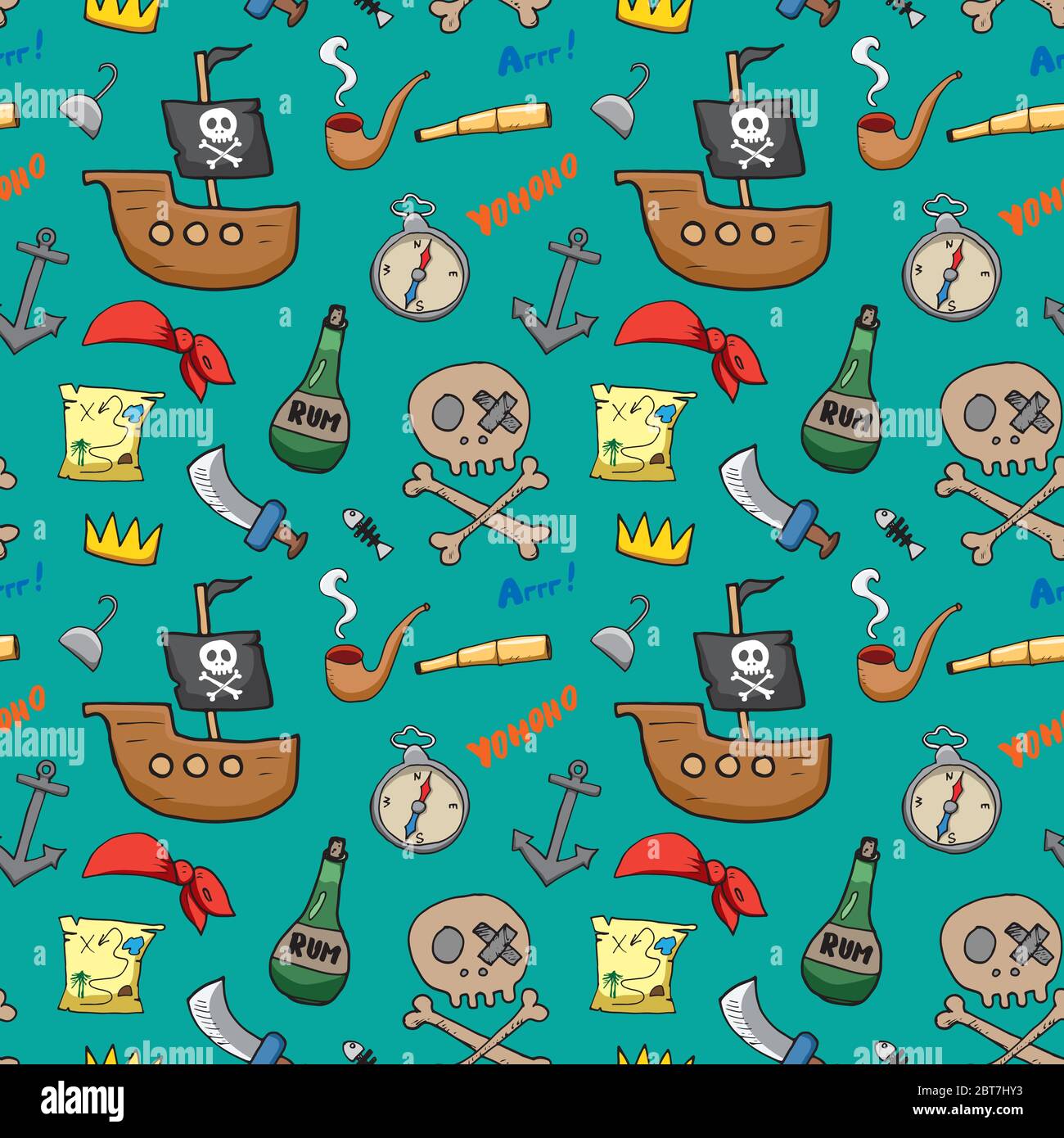 Pirate Doodles Seamless pattern. Cute pirate items sketch. Hand drawn ...