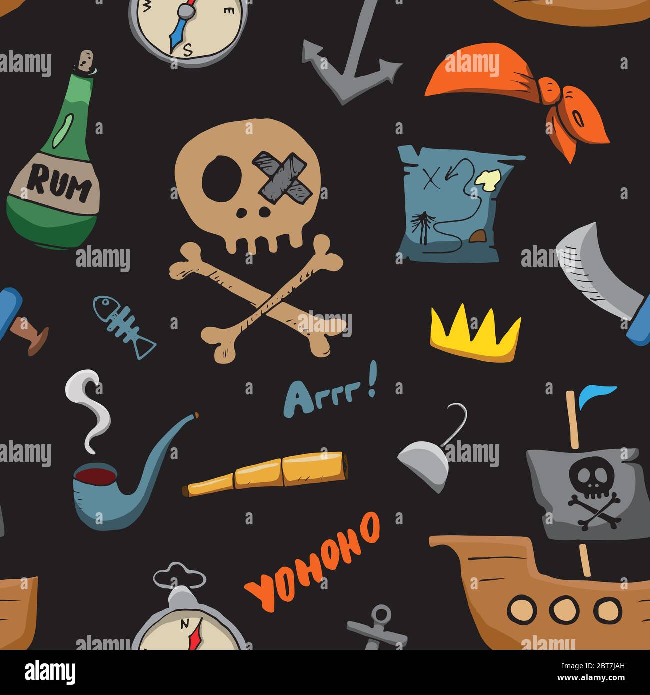 Pirate Doodles Seamless pattern. Cute pirate items sketch. Hand drawn ...