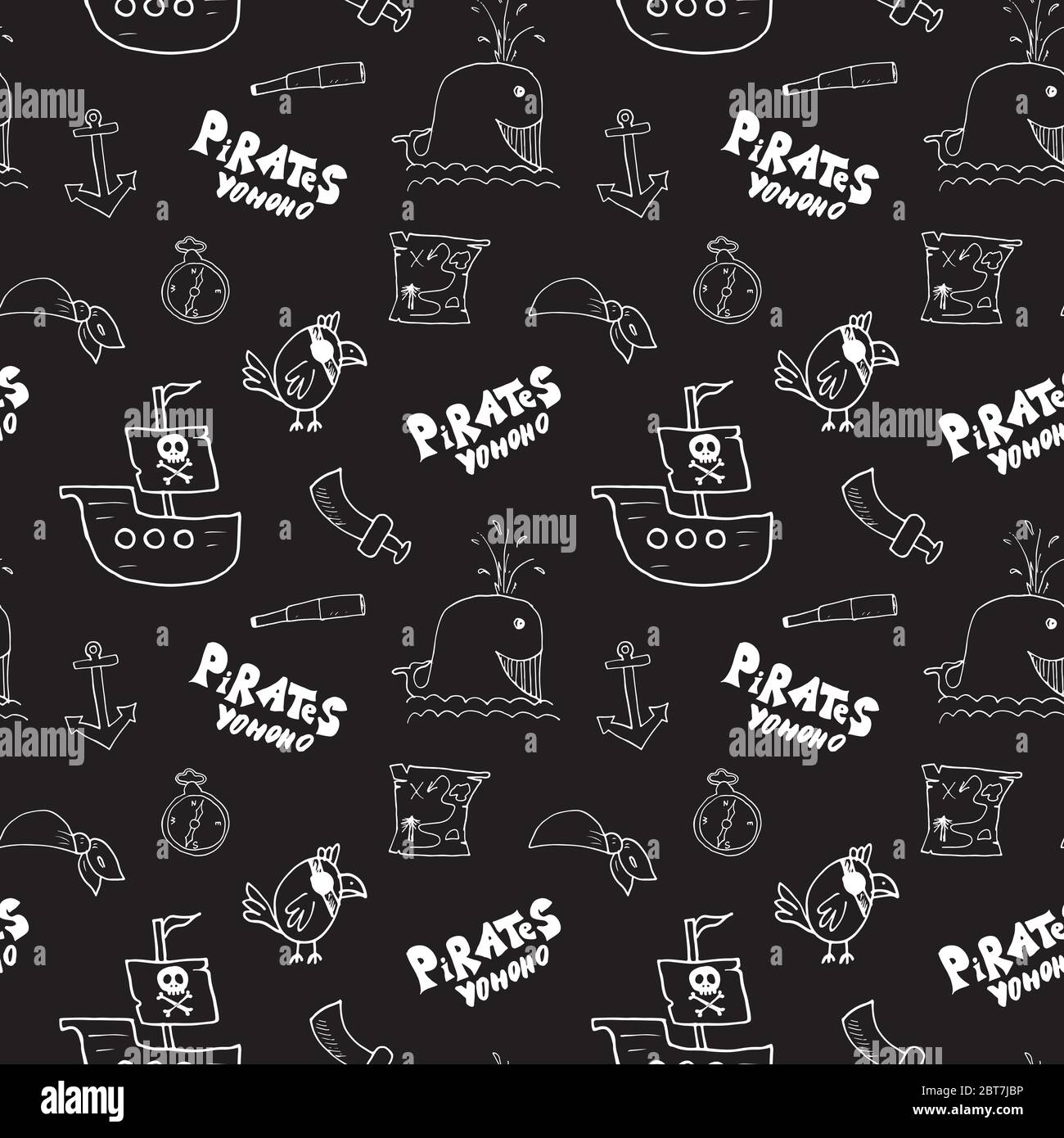 Pirate Doodles Seamless pattern. Cute pirate items sketch. Hand drawn ...