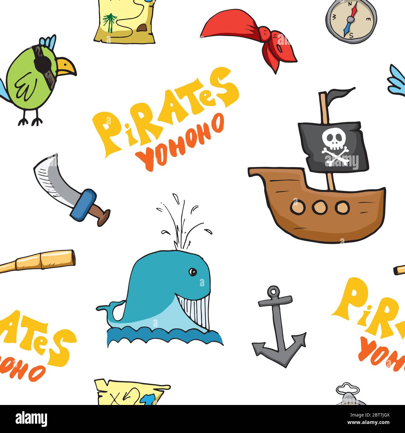 Pirate Doodles Seamless pattern. Cute pirate items sketch. Hand drawn ...