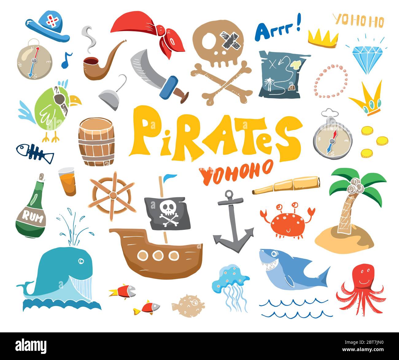 Pirate Doodles Set. Cute pirate items sketch collection. Hand drawn ...