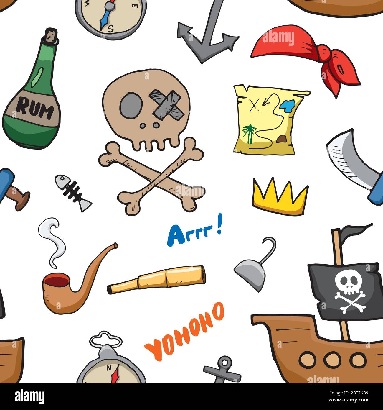 Pirate Doodles Seamless pattern. Cute pirate items sketch. Hand drawn ...