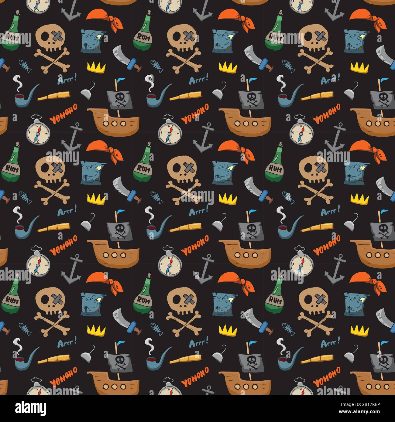 Pirate Doodles Seamless pattern. Cute pirate items sketch. Hand drawn ...