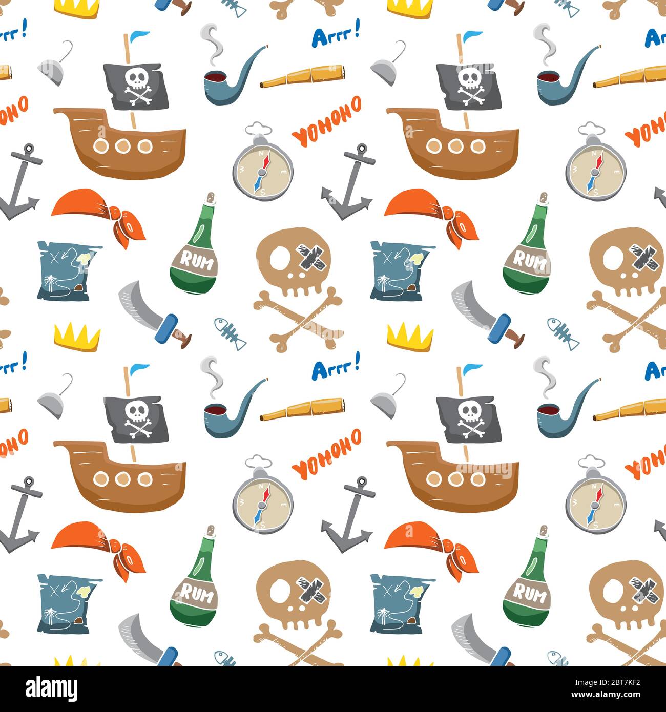 Pirate Doodles Seamless pattern. Cute pirate items sketch. Hand drawn ...