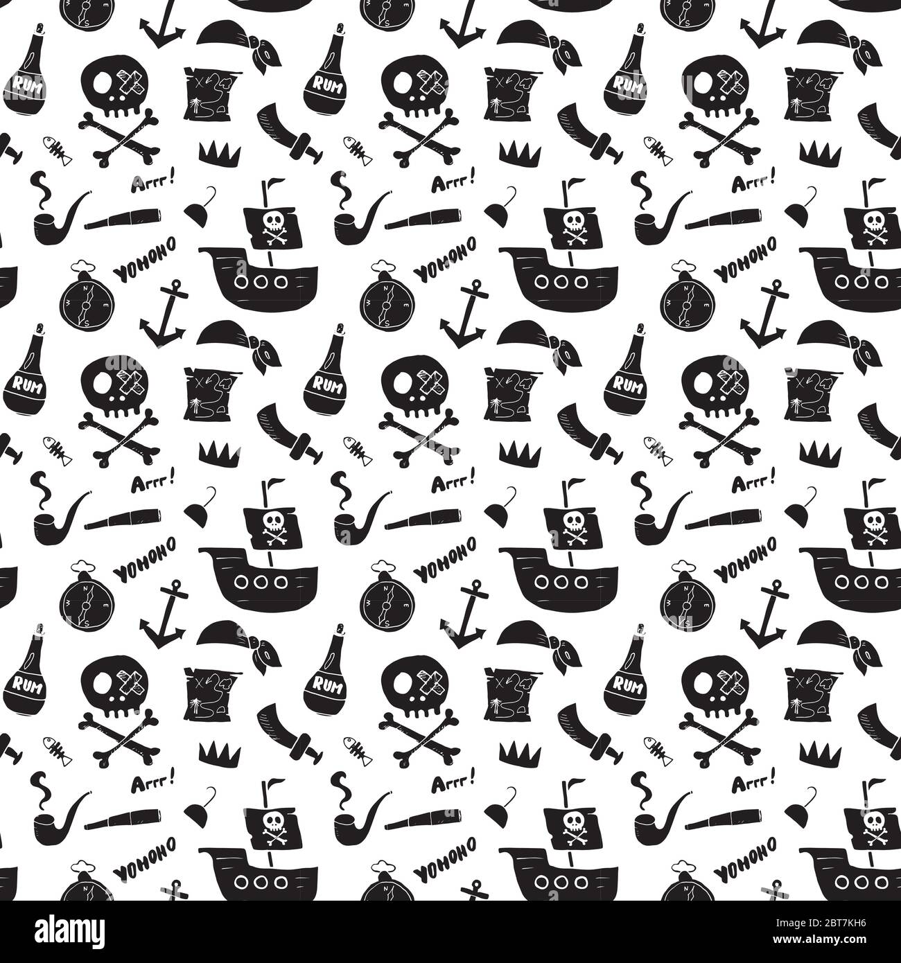 Pirate Doodles Seamless pattern. Cute pirate items sketch. Hand drawn ...