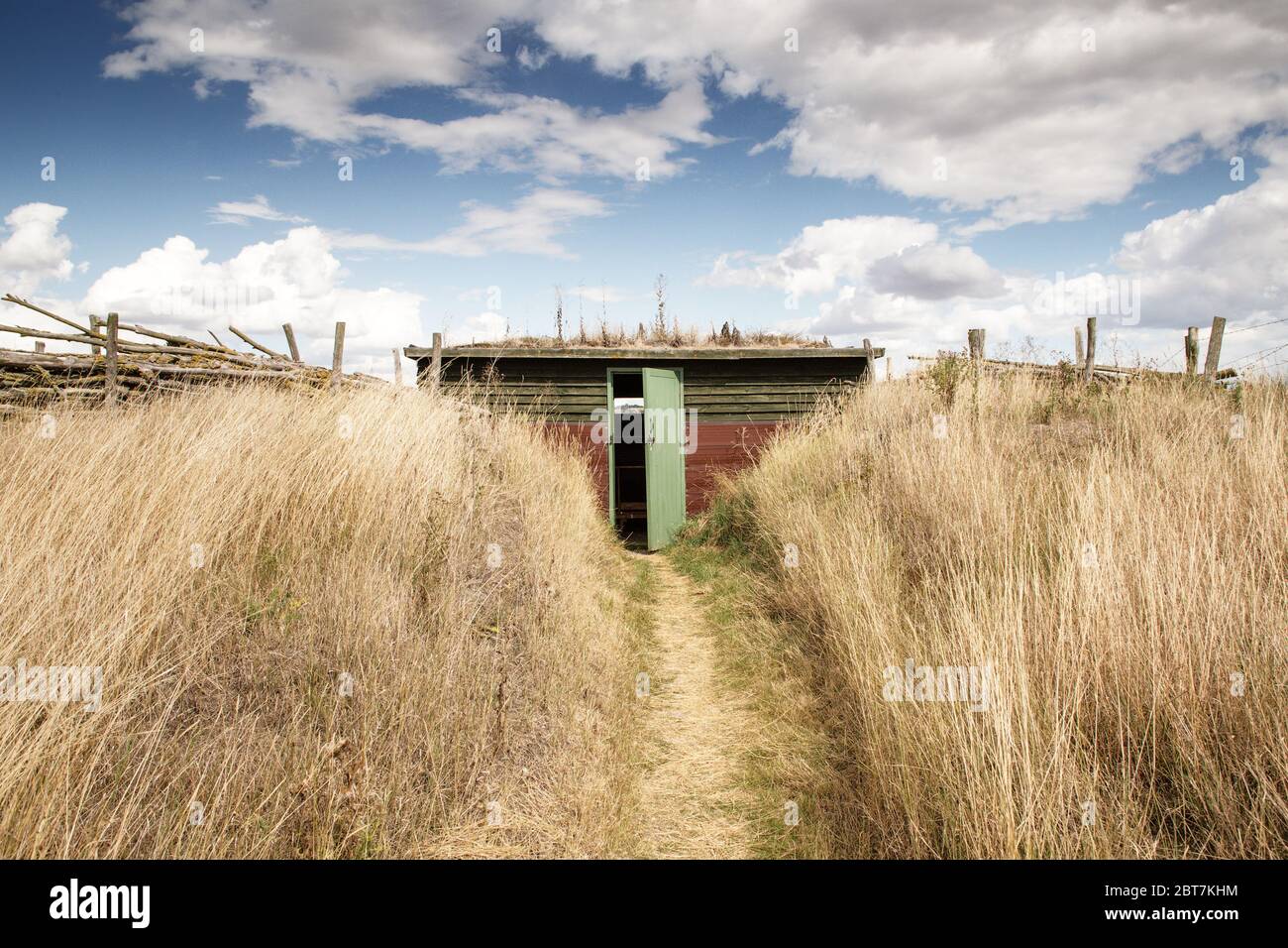 wooden bird hide set in tall grass with a path going up to the door ...