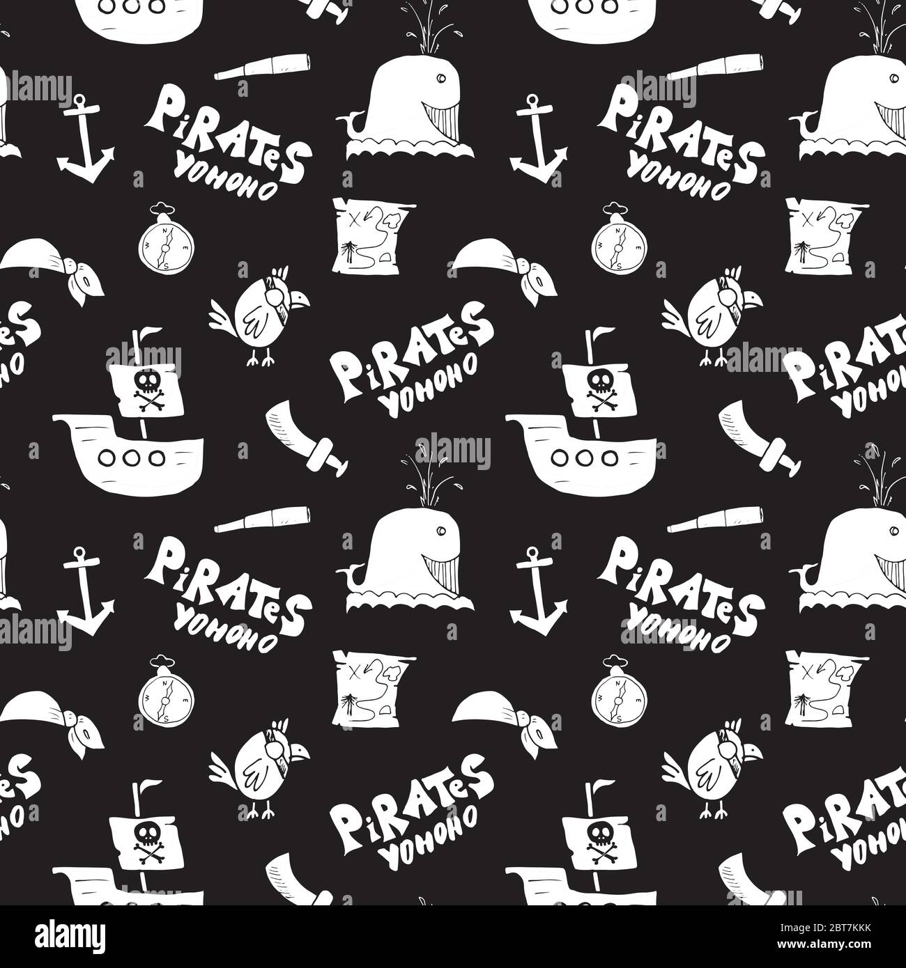 Pirate Doodles Seamless pattern. Cute pirate items sketch. Hand drawn ...