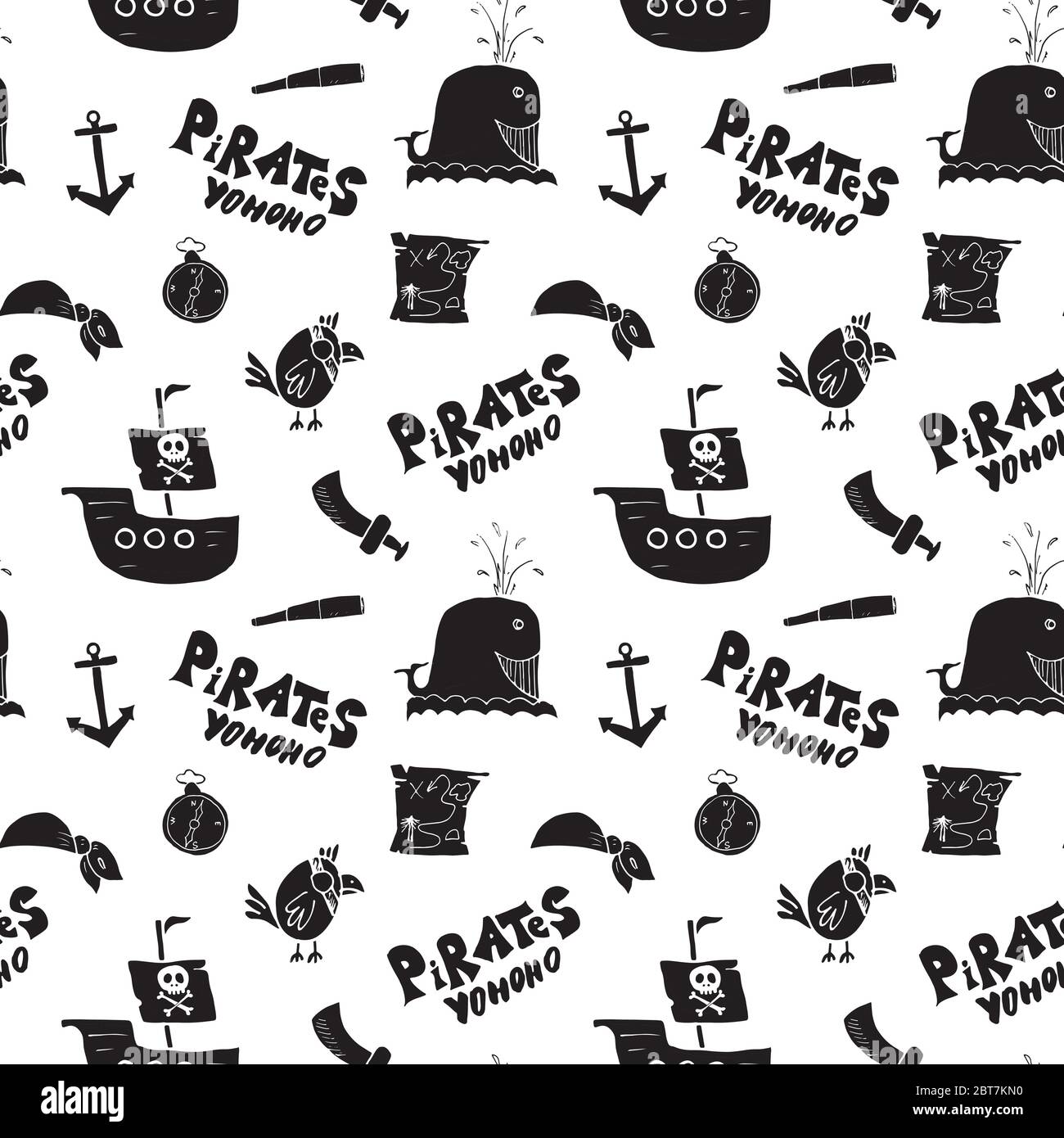 Pirate Doodles Seamless pattern. Cute pirate items sketch. Hand drawn ...