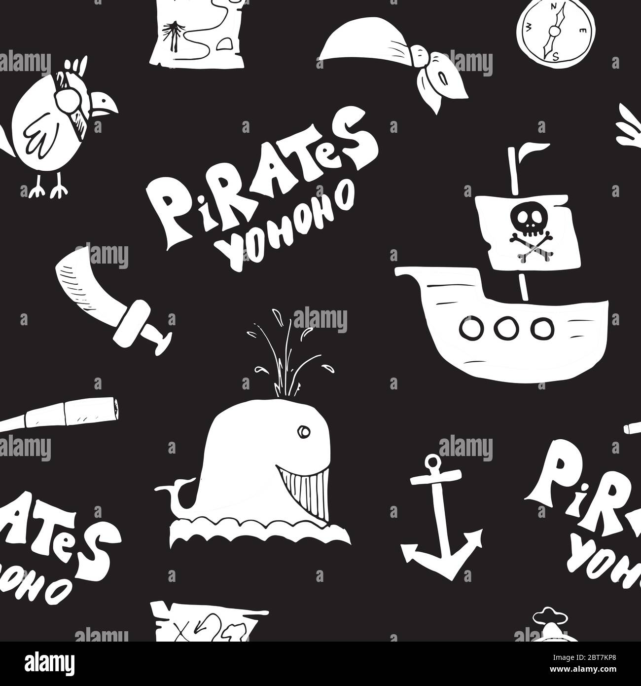 Pirate Doodles Seamless pattern. Cute pirate items sketch. Hand drawn ...