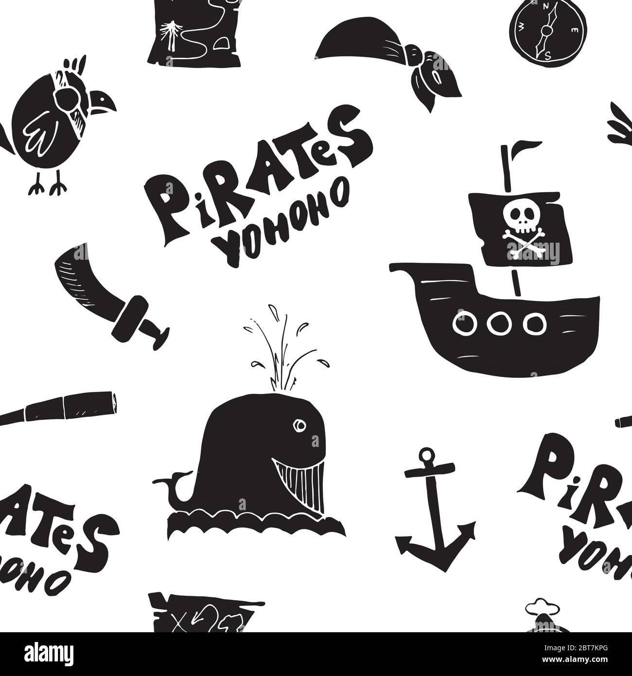 Pirate Doodles Seamless pattern. Cute pirate items sketch. Hand drawn ...