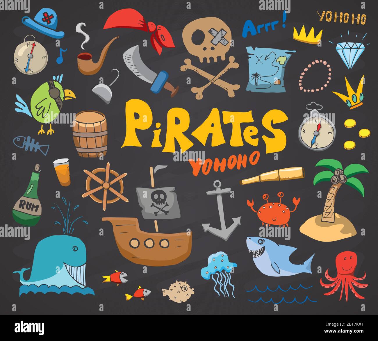 Pirate Doodles Set. Cute pirate items sketch collection. Hand drawn ...