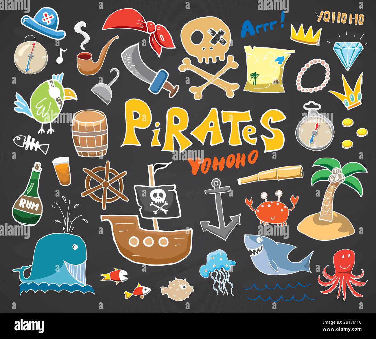 Pirate Doodles Set. Cute pirate items sketch collection. Hand drawn ...