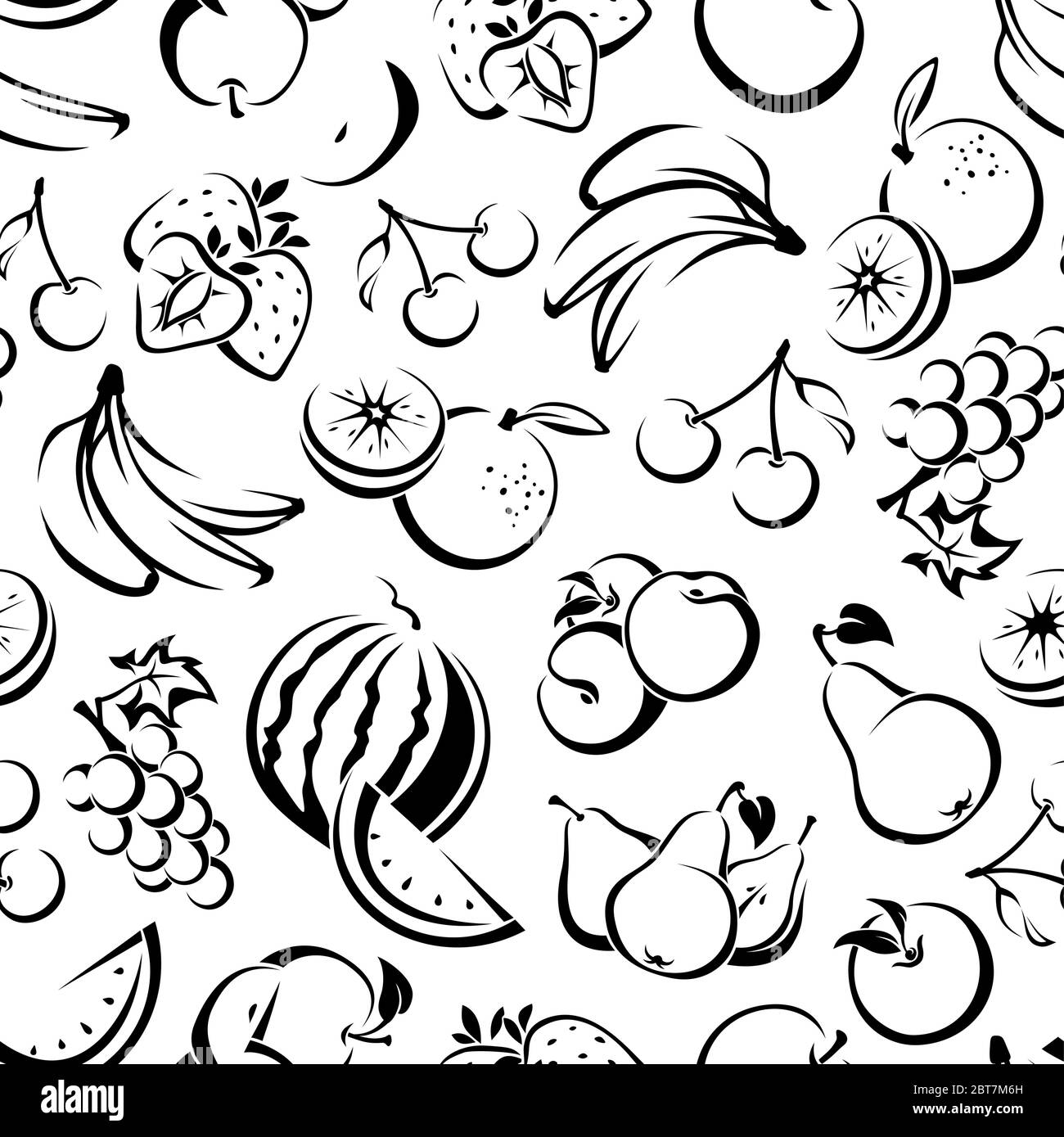 Vector seamless black and white pattern with various fruit. Line art ...