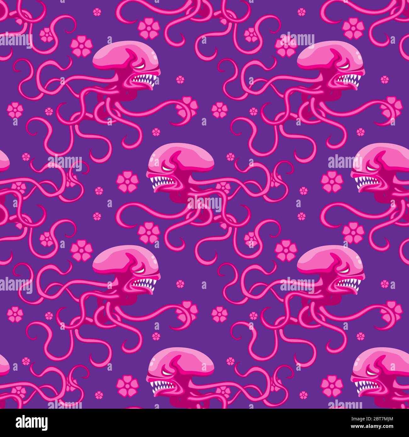 seamless pattern of octopus monster pink flowers on purple background ...