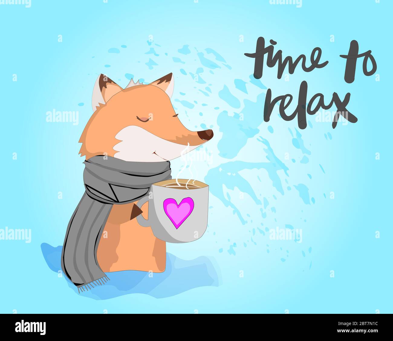 Cute cartoon fox with cup of tea and a scarf on a white background ...