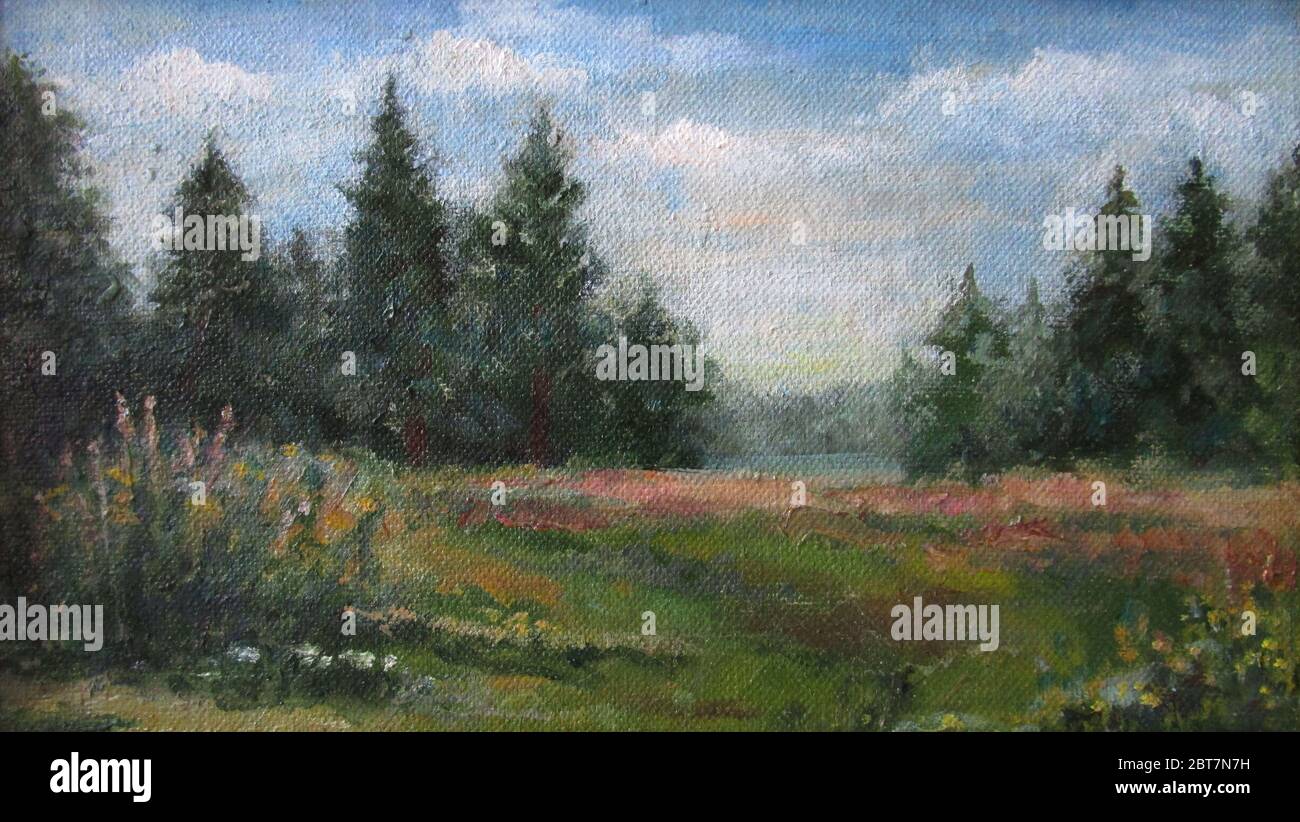 Spruce green forest in summer, oil painting Stock Photo - Alamy