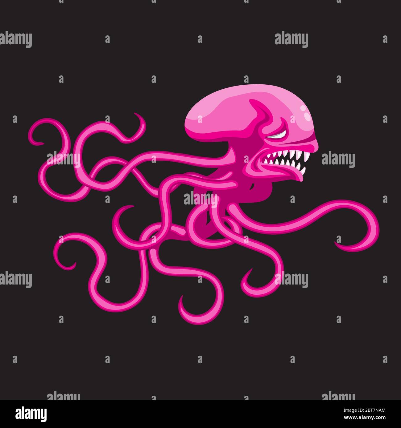 octopus pink cartoon on black isolated background. Vector image Stock ...