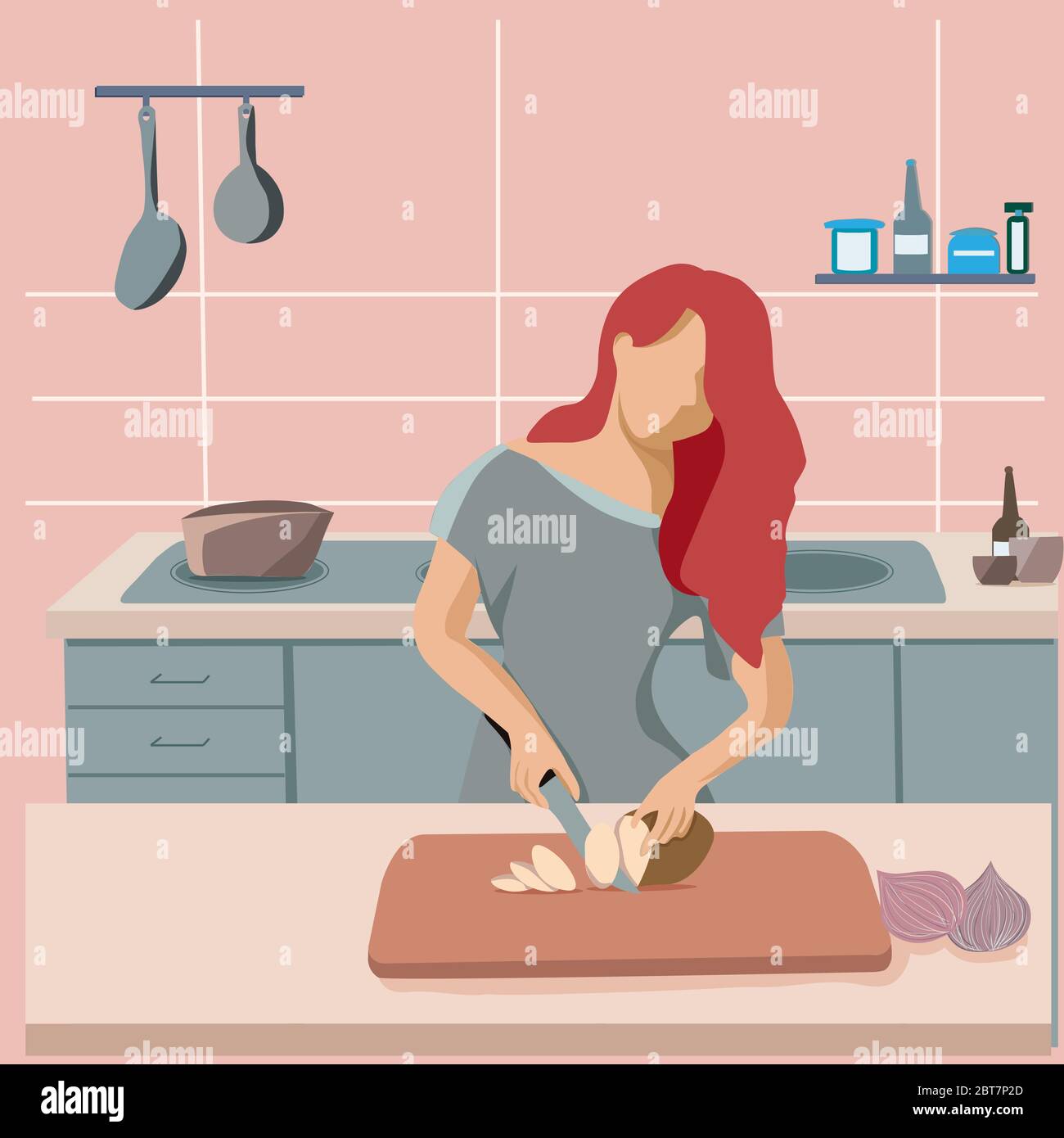 Woman housewife preparing food in the kitchen. Vector illustration in a ...