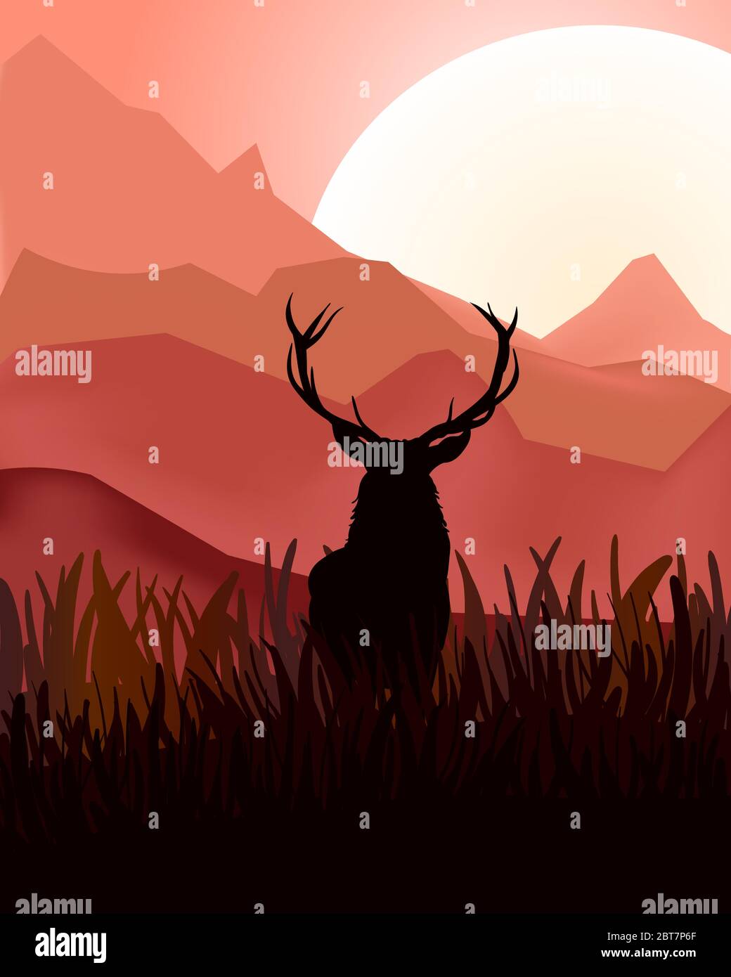 Animated rain deer in wild nature landscape at sunset. Beautiful sunset ...