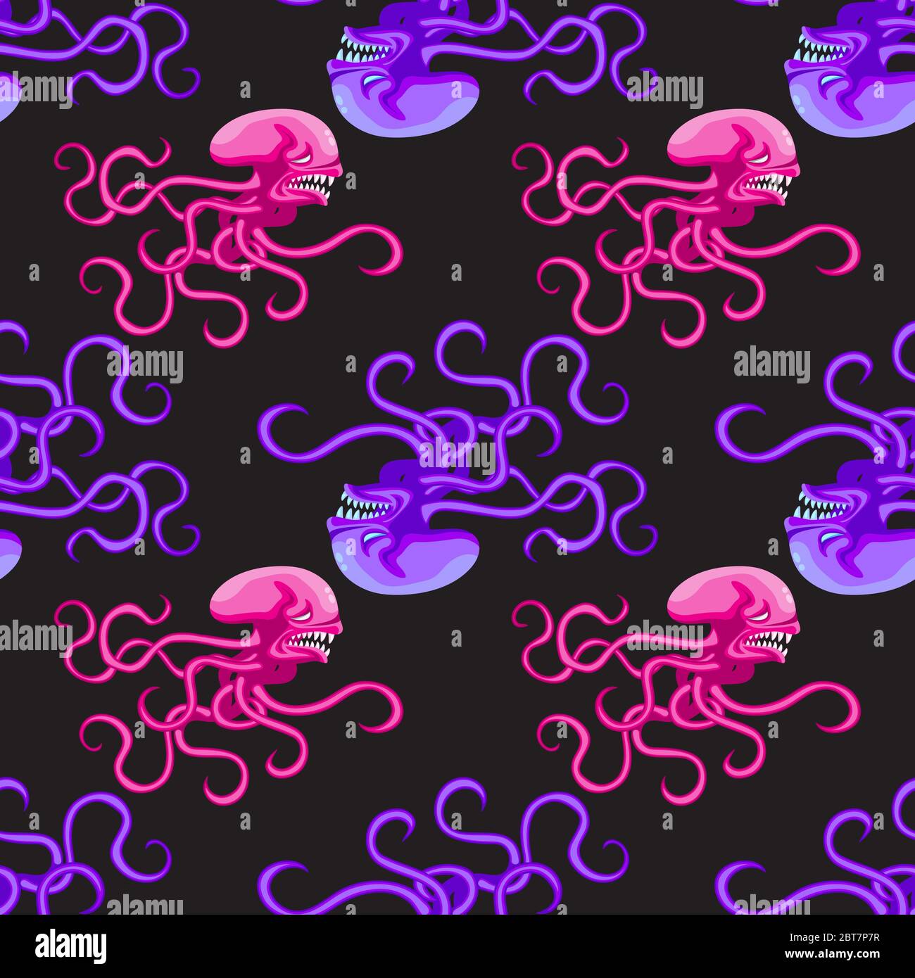 seamless octopus monster pattern pink and purple on black background ...