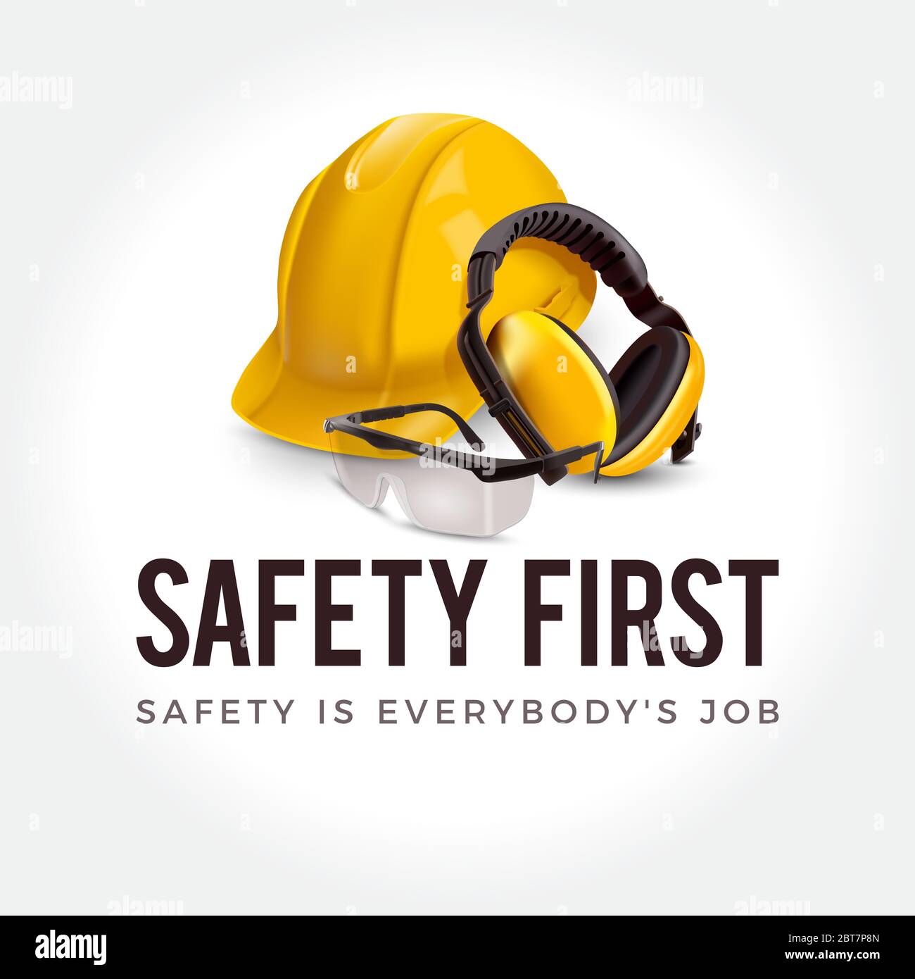 Warning sign - Safety first concept. Yellow helmet, earphones and ...