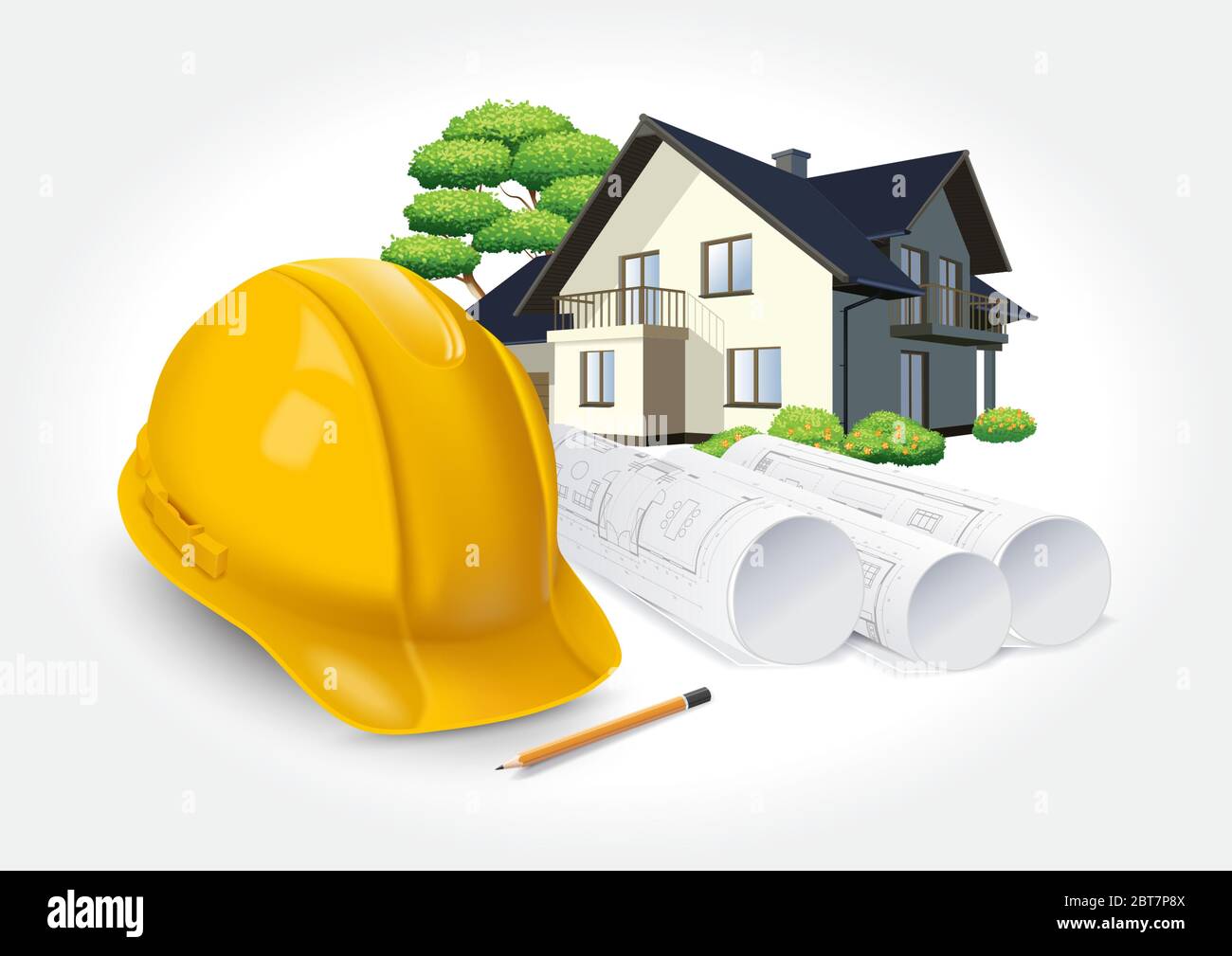 Construction plans and yellow helmet on the background of a dream house ...